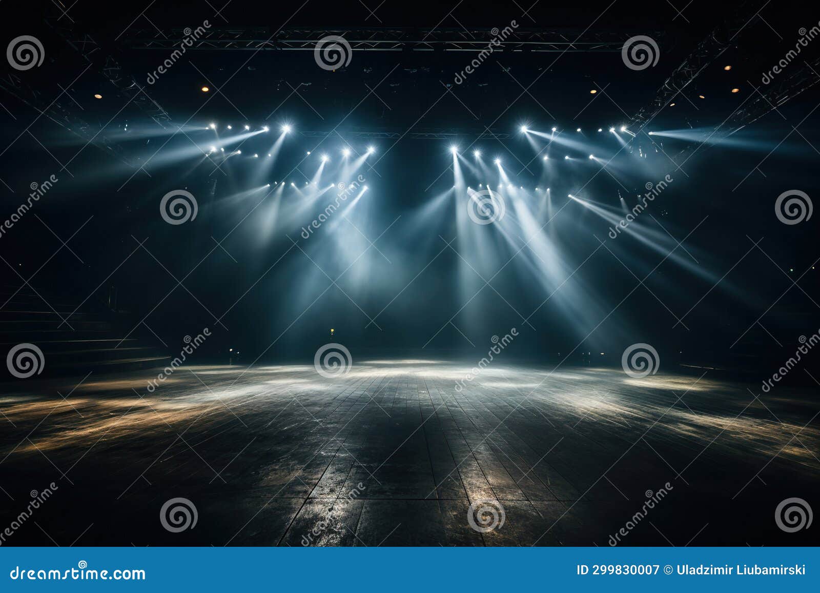 Empty Stage with Wooden Floor in the Rays of Spotlights with Cold Light ...