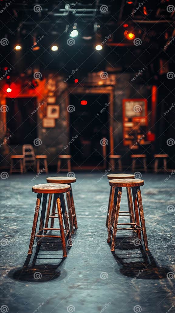 Empty Stage with Wooden Stools Ready for a Performance at a Cozy Venue ...