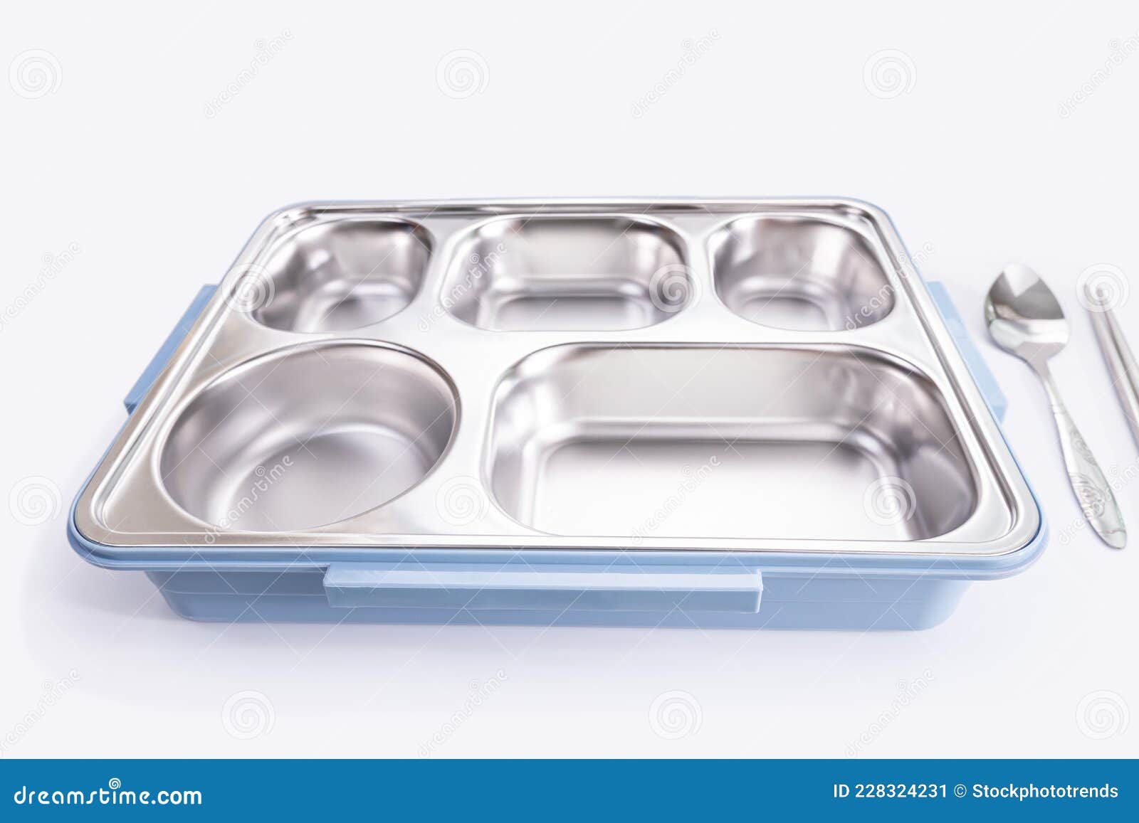 Empty Stainless Steel Food Trays 5 Sections with the Blue Bottom Box ...