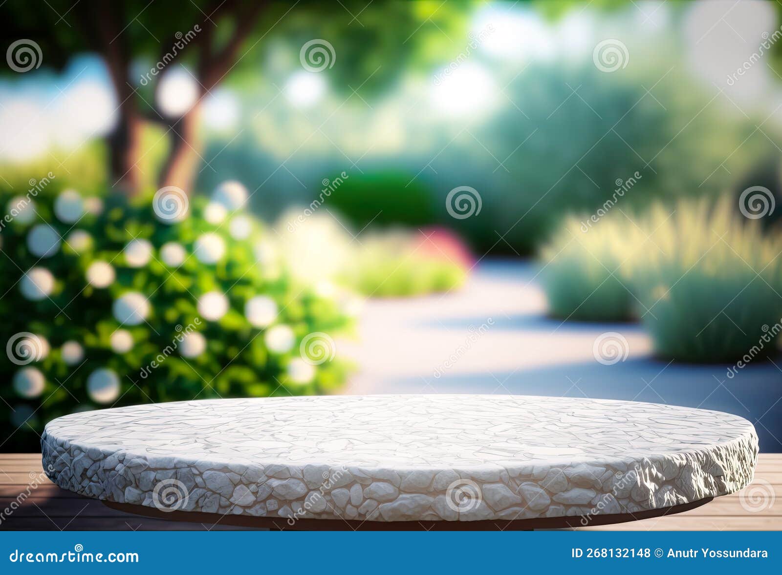 Empty Stone Table in Green Garden for Advertising Mock Up, Generative ...