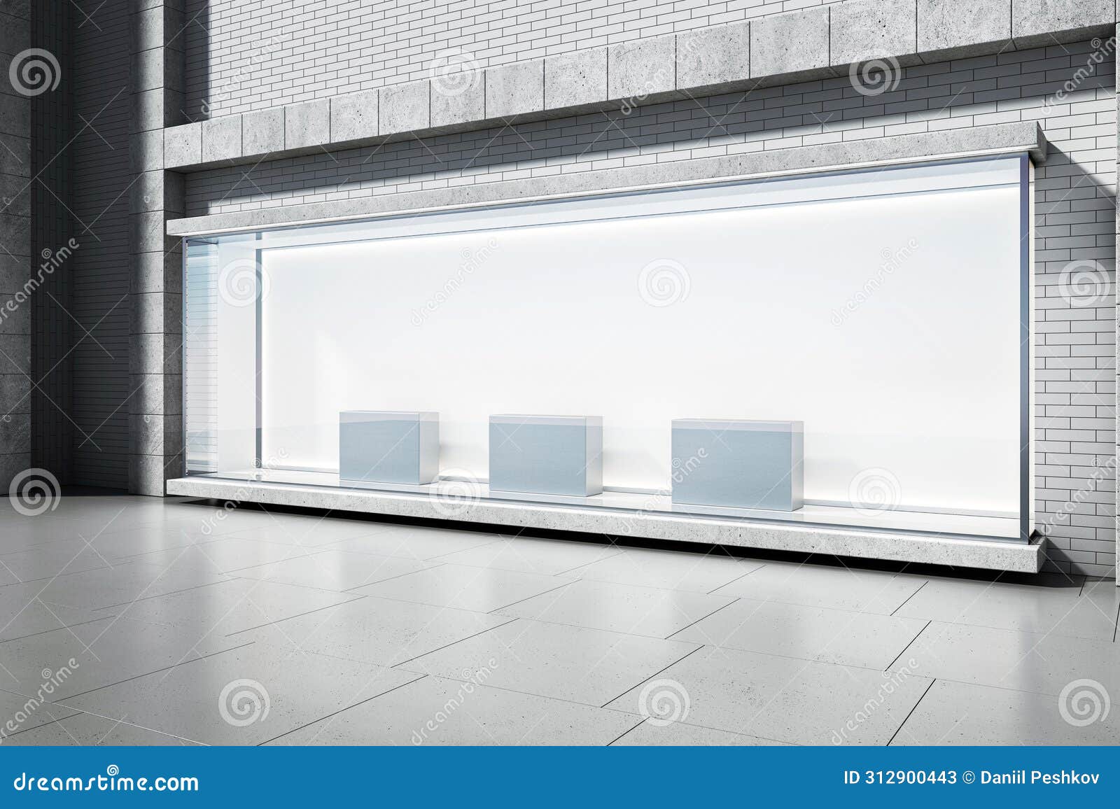 An Empty Store Display Window with Blank Podiums Against a Brick Wall ...