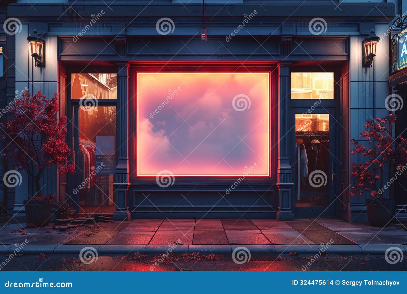 Empty Storefront with Illuminated Neon Sign at Night Stock Photo ...