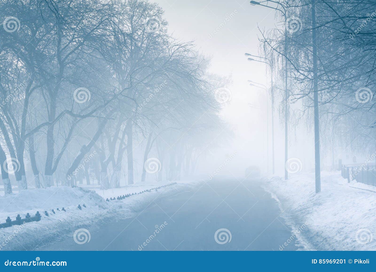 Empty Street in Fog in Mysterious City Stock Image - Image of outdoor ...