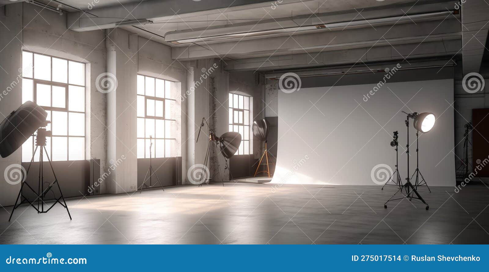 Empty Studio with Lights on White Wall. Copy Space for Text or Mock-up ...