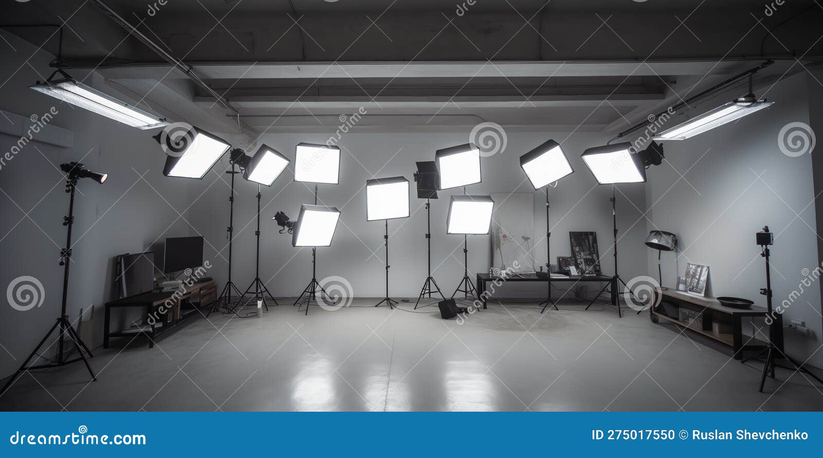 Empty Studio with Lights on White Wall. Copy Space for Text or Mock-up ...