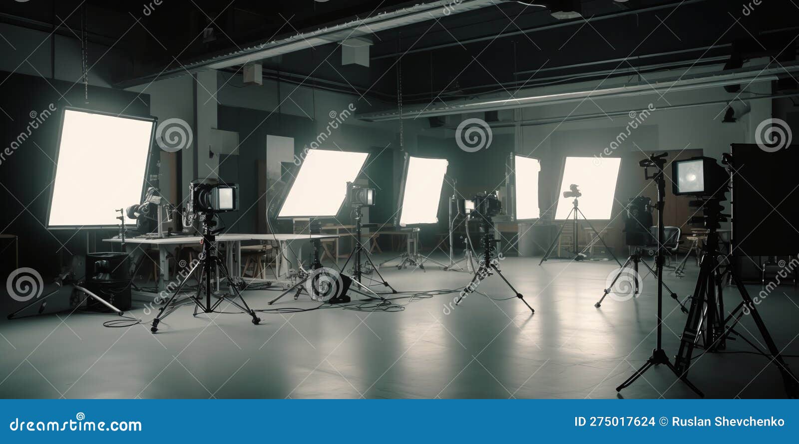 Empty Studio with Lights on White Wall. Copy Space for Text or Mock-up ...