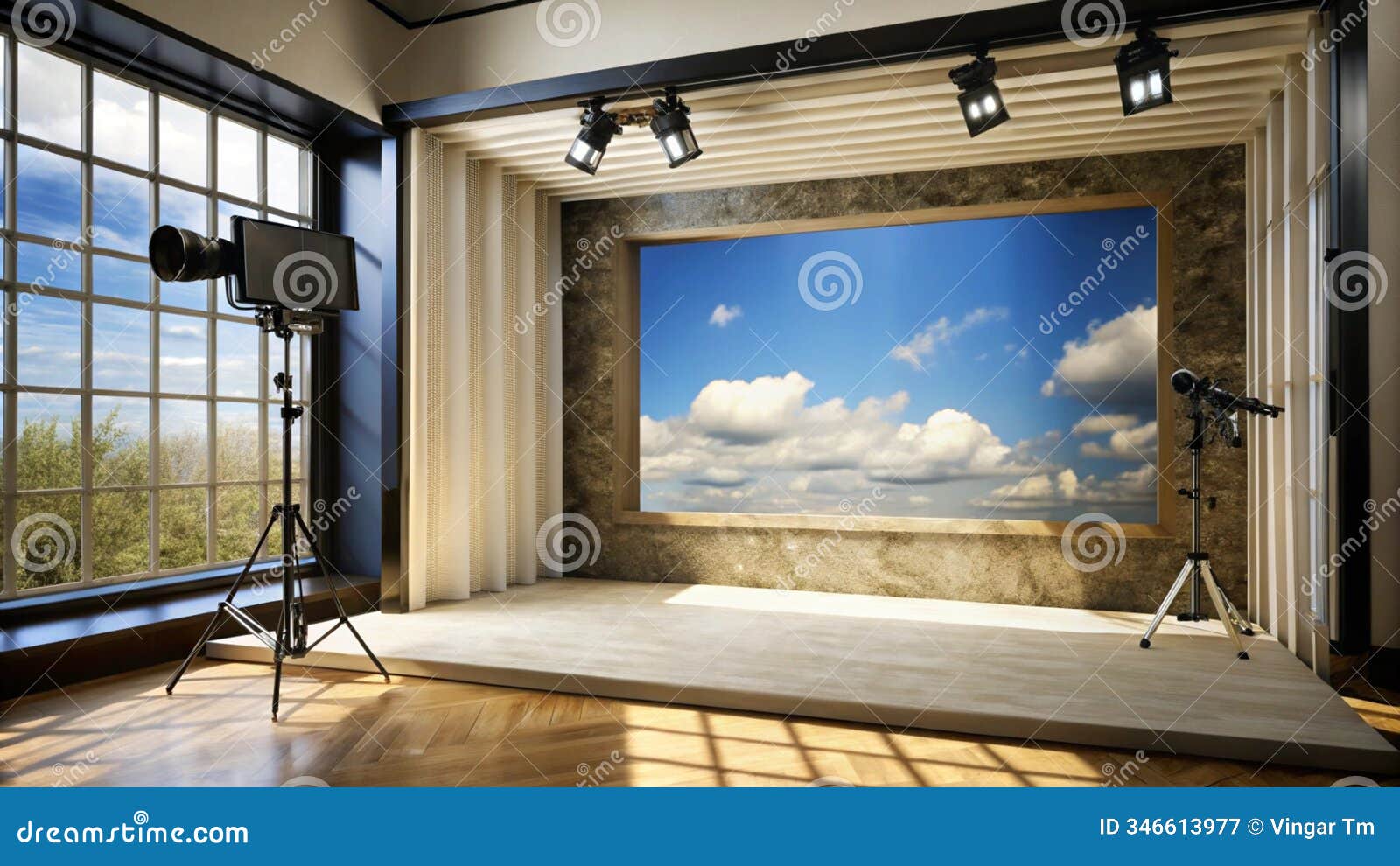 Empty Studio Set with a Large Screen Showing a Cloudy Sky Backdrop ...