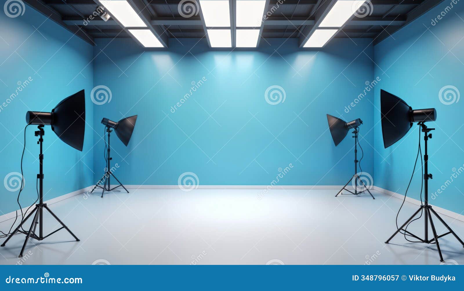 Empty Studio Space with Professional Lighting Setup. Blue Walls, White ...