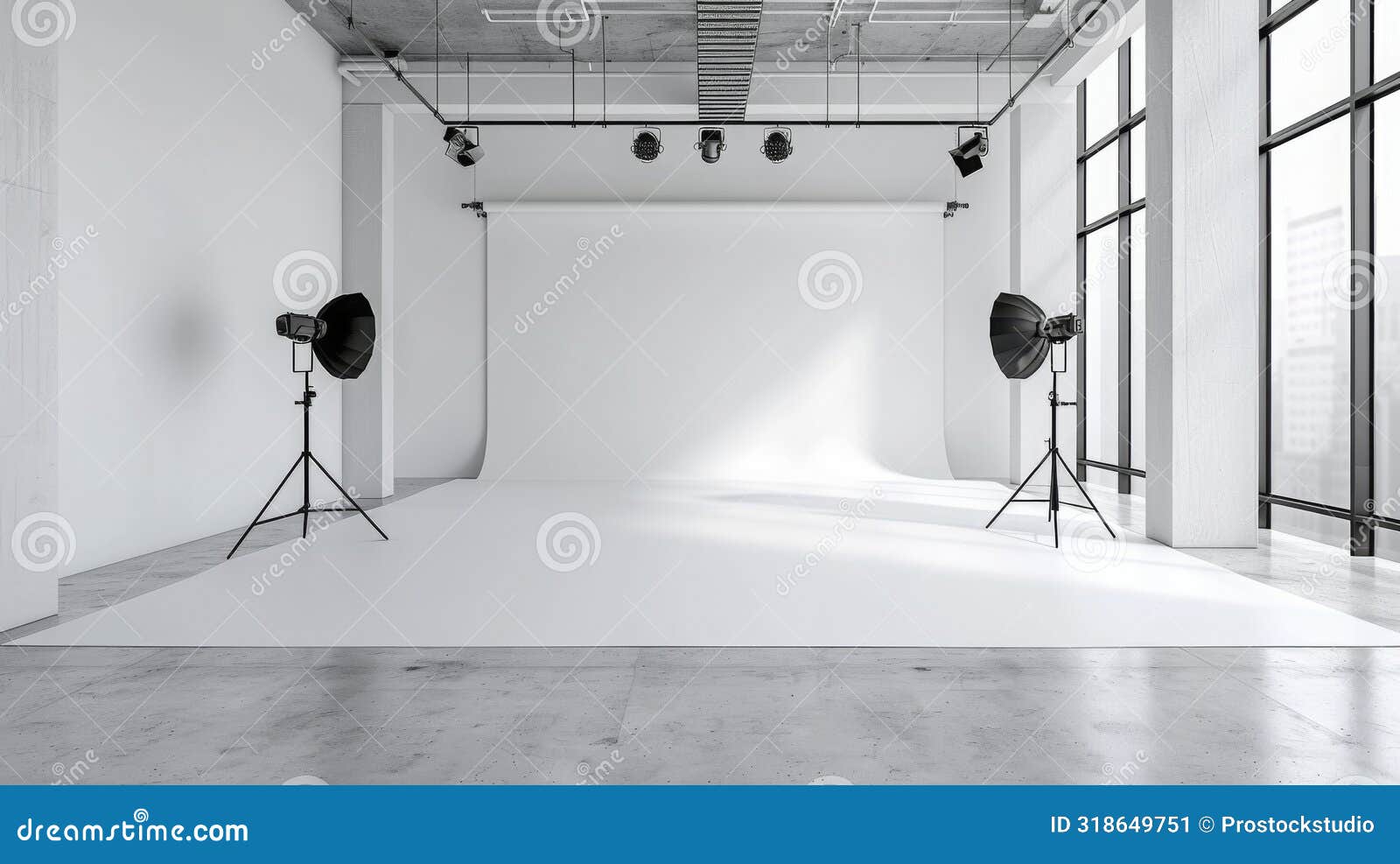 Empty Studio with White Backdrop and Lights Stock Image - Image of ...