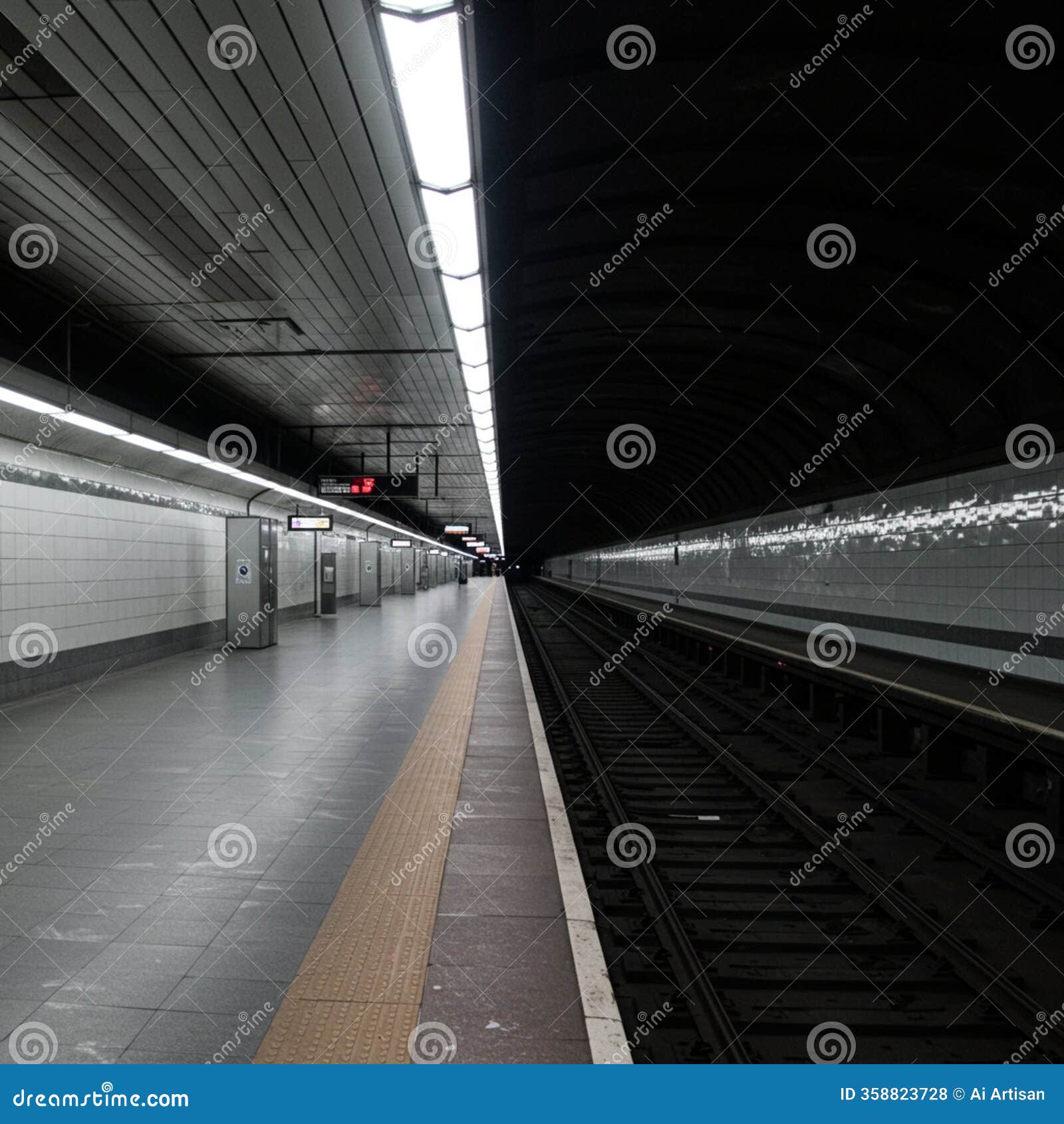Empty Subway Platform with Dark Tiles and Overhead Lighting Stock ...