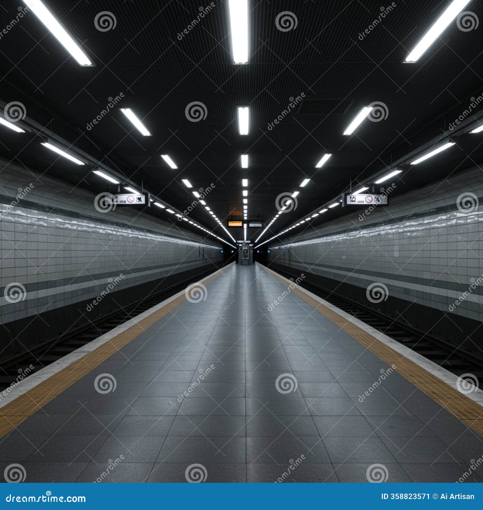 Empty Subway Platform with Tiled Walls and Dark Ceiling. Stock ...