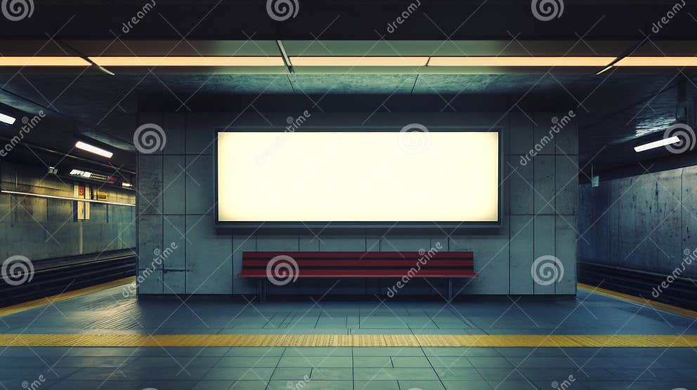 Empty Subway Station with Blank Advertisement Sign and Bench Stock ...