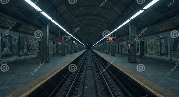 Empty Subway Station with Two Parallel Tracks Running Down the Center ...