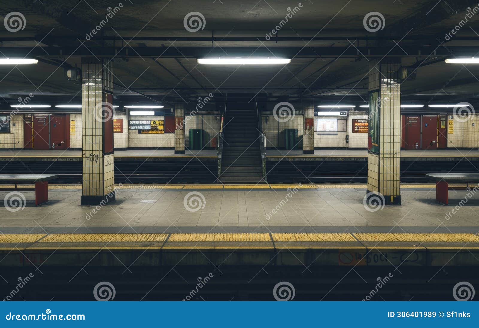 Empty Subway Station with Yellow Platform Edge, Tiled Columns, and an ...