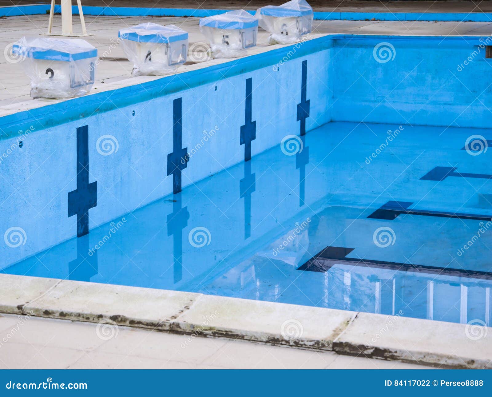 Empty Swimming Pool with Swimming Starting Blocks Stock Photo - Image ...