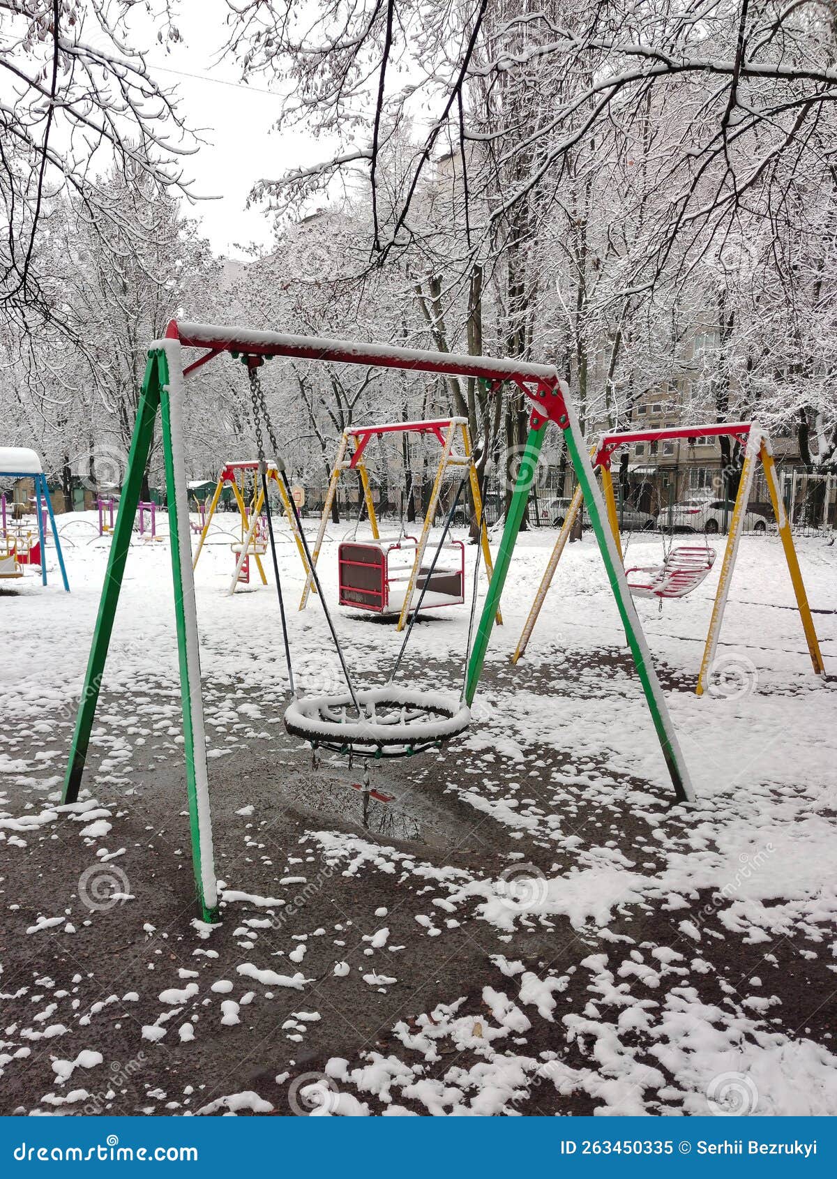 Empty Swing in Kindergarten in Snow and Mud Stock Image - Image of ...