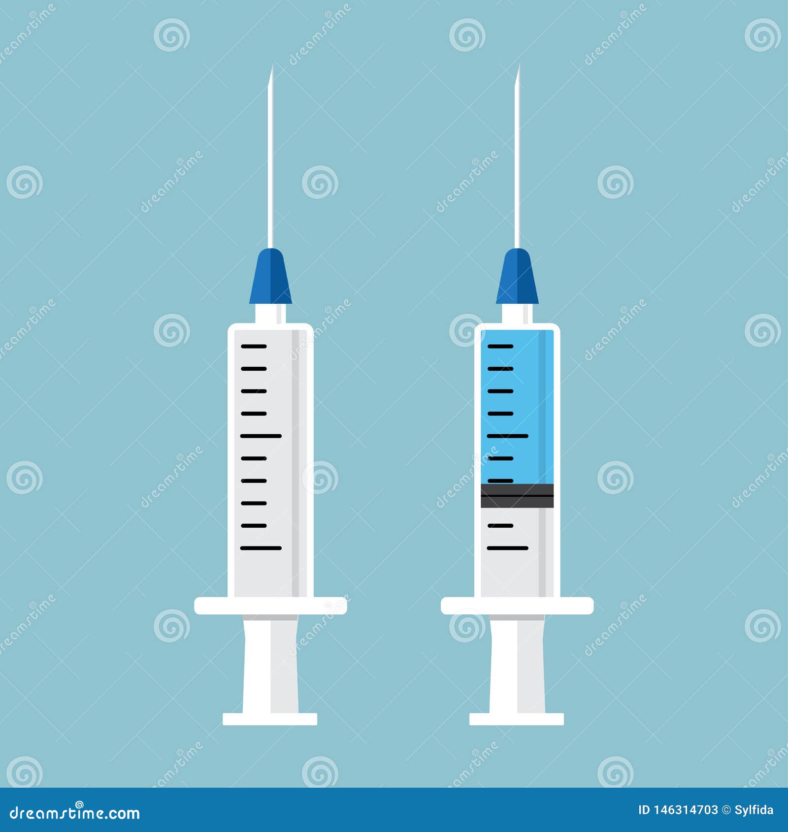 Empty Syringe for Injection and Syringe with Blue Vaccine. Vector Stock ...