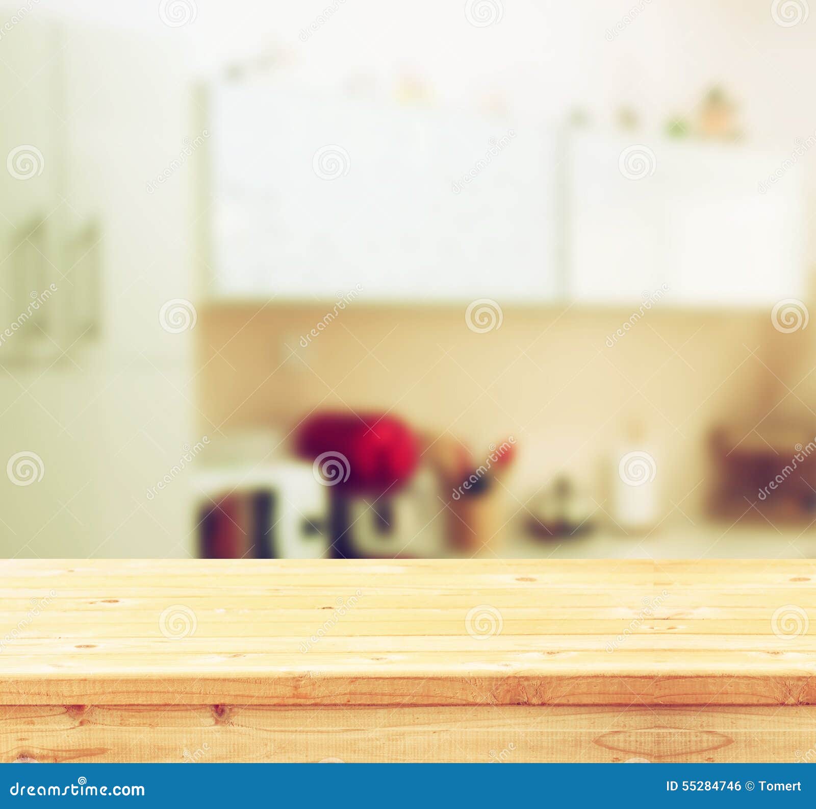 Empty Table Board and Defocused White Retro Kitchen Background Stock ...