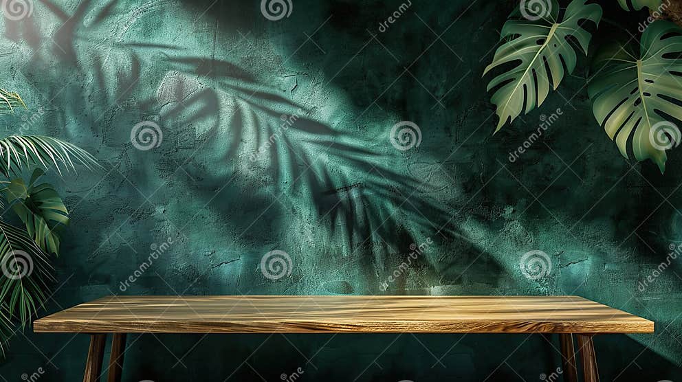 Empty Table on Dark Green Texture Wall Background. Composition with ...