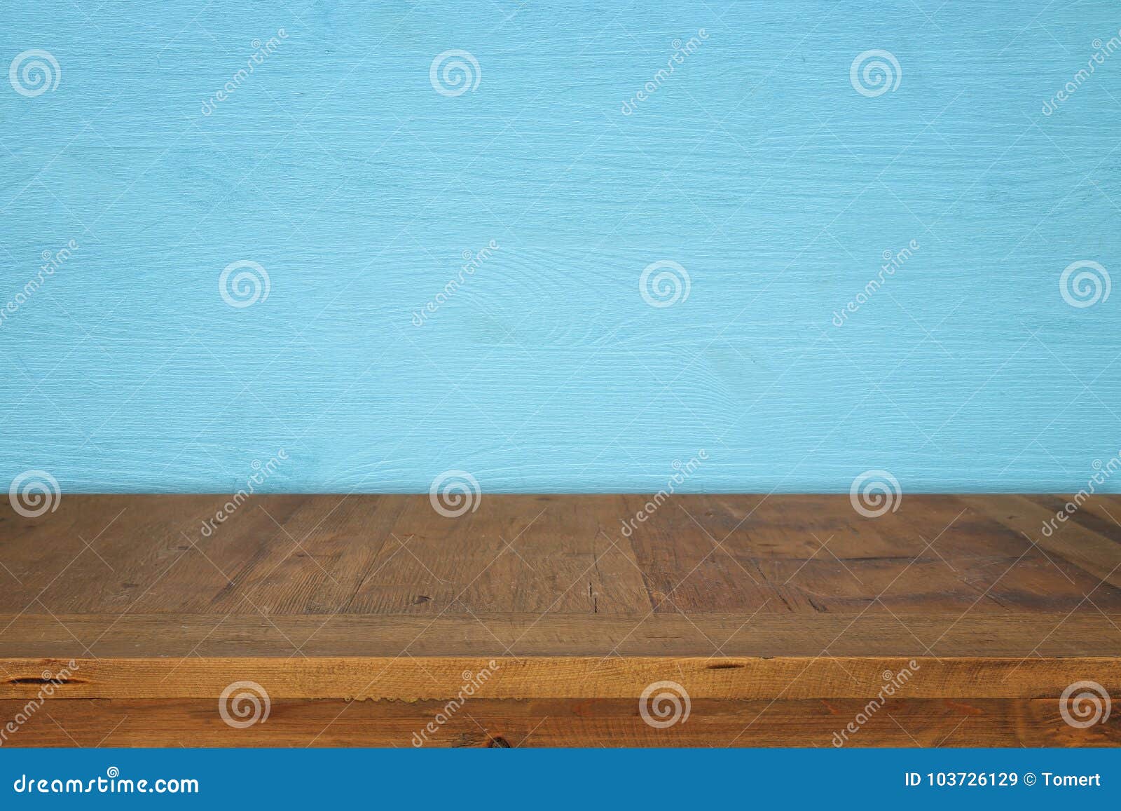 Empty Table in Front of Blue Wooden Background. for Product Display ...