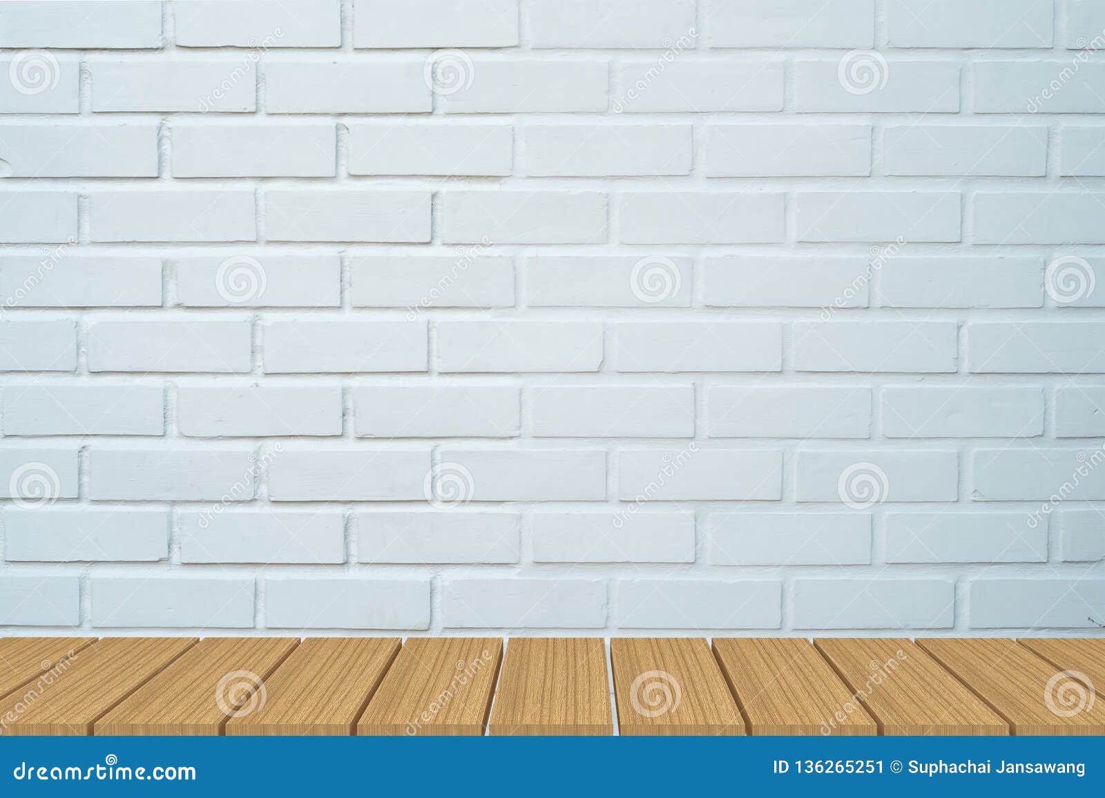 Empty Table in Front of White Brick Background. Stock Image - Image of ...