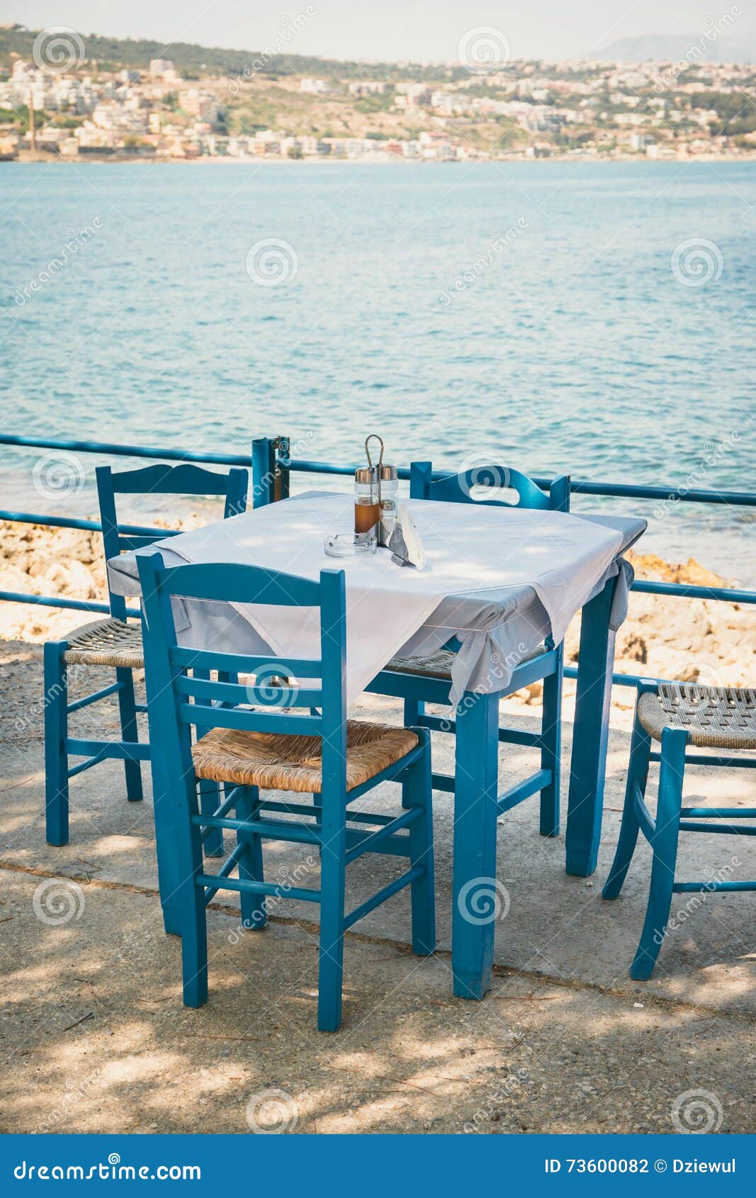 Empty Table in Greek Cafe on Crete Island Stock Photo - Image of green ...