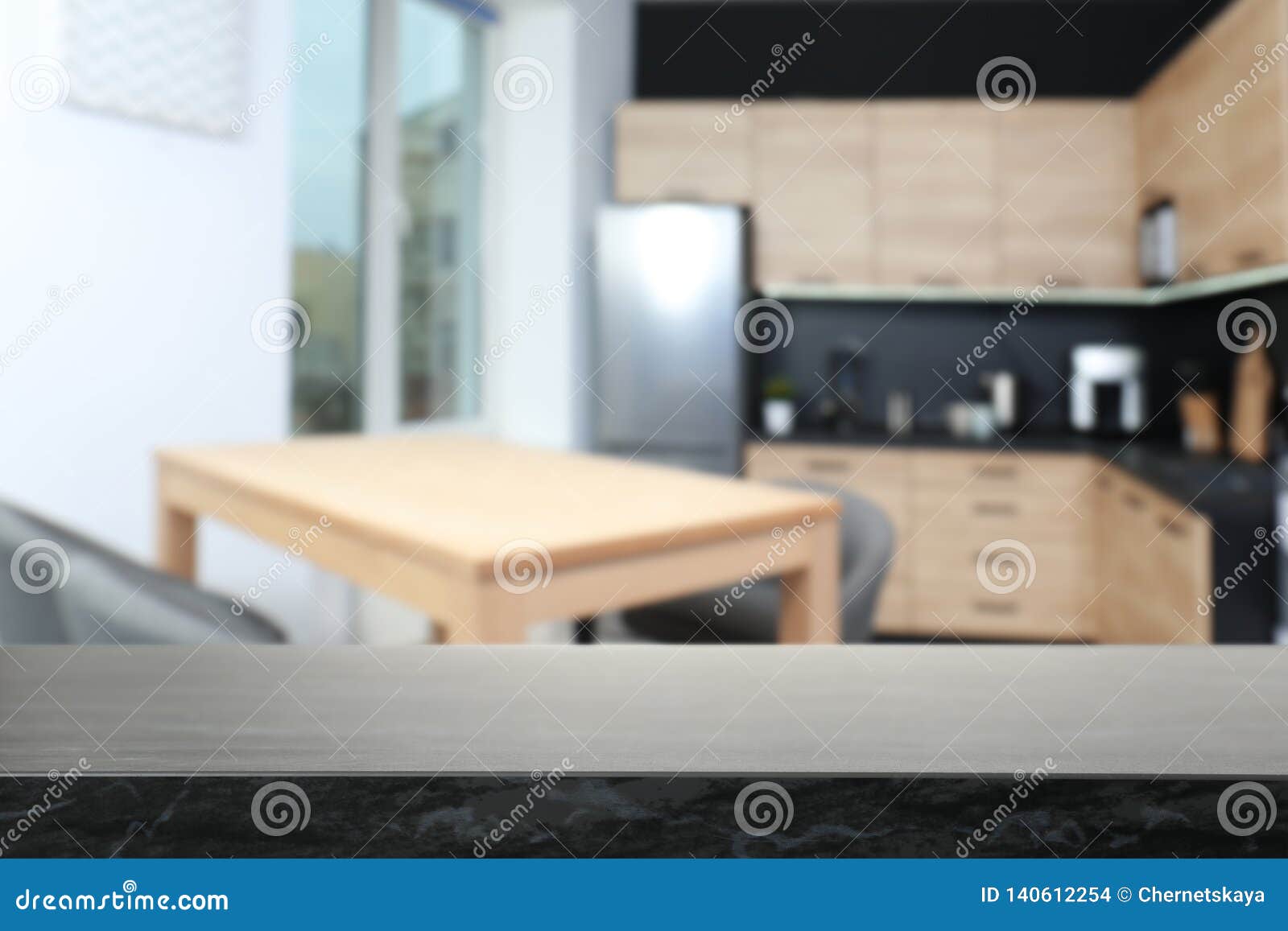 Empty Table in Modern Kitchen. Stock Photo - Image of mockup, blur ...