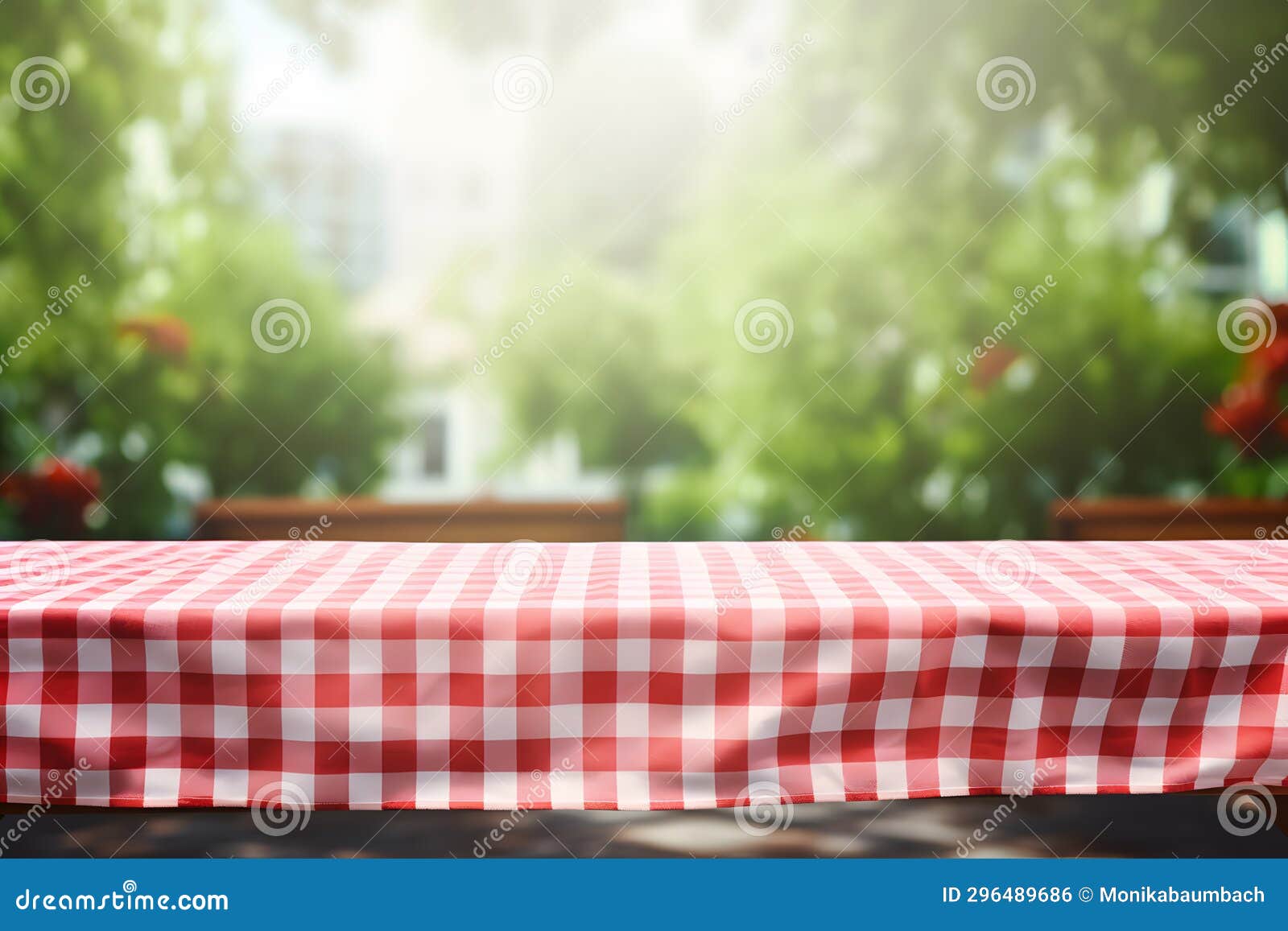 Empty Table with Red and White Checkered Tablecloth in Front of Blurry ...