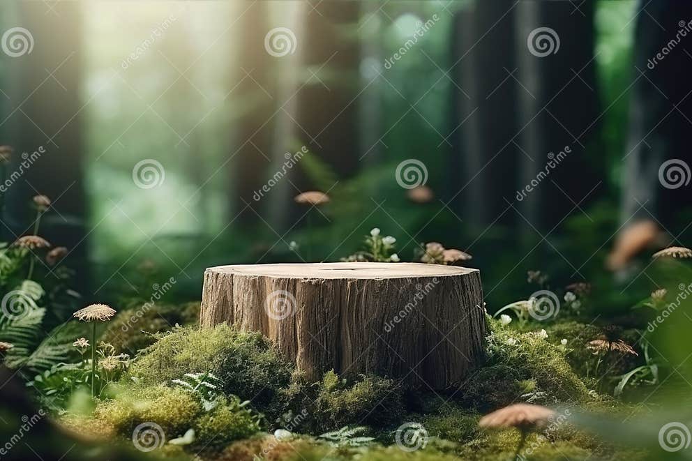 Empty Table Top Made from an Old Tree Stump with Green Forest ...