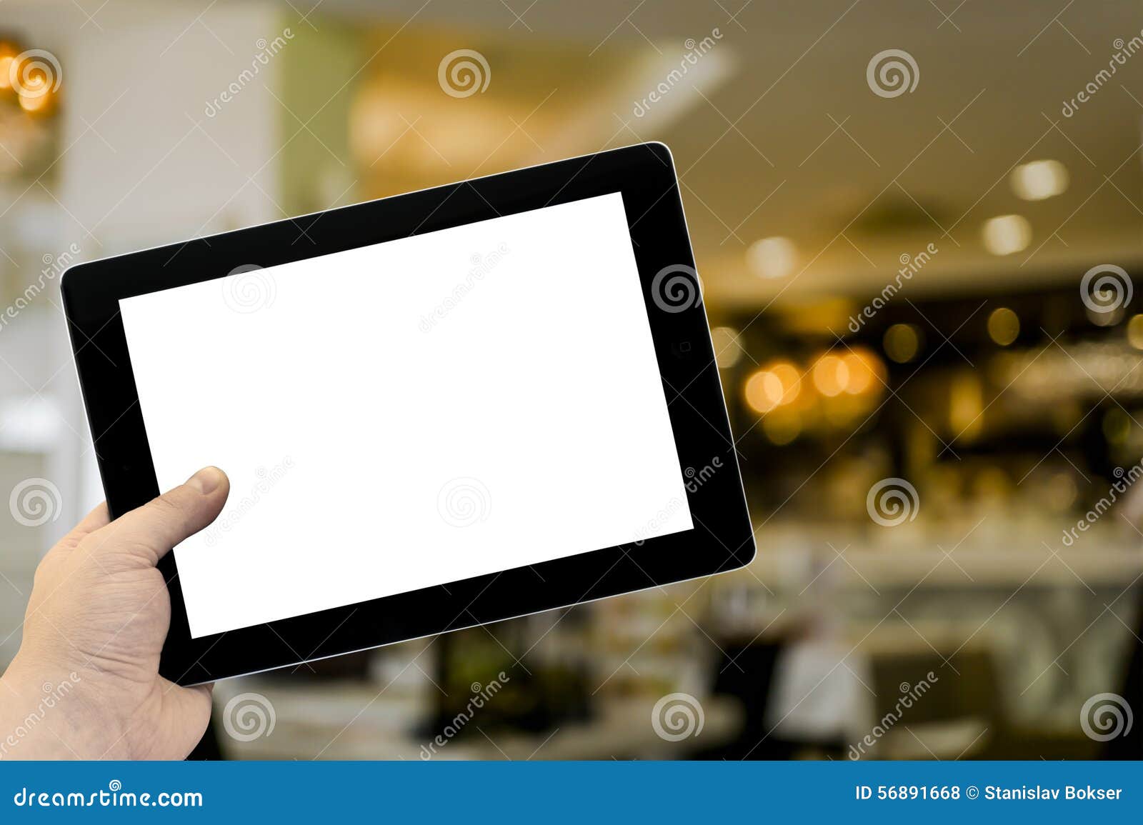Empty Tablet PC in Hand in Cafe Bar Interior Stock Photo - Image of ...