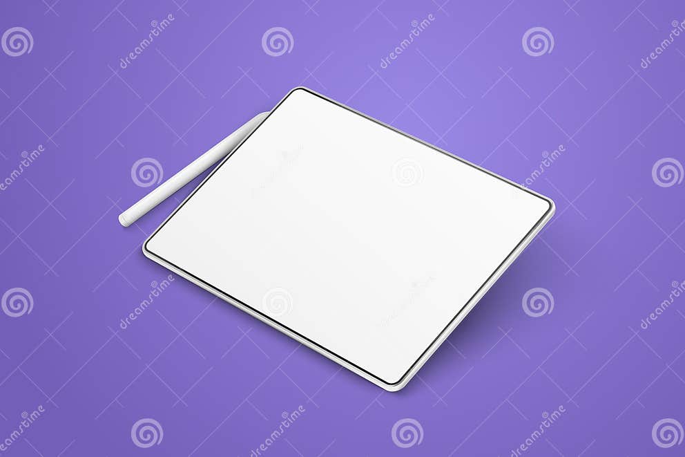 Empty Tablet and Pen on a Violet Background. Device in Perspective View ...