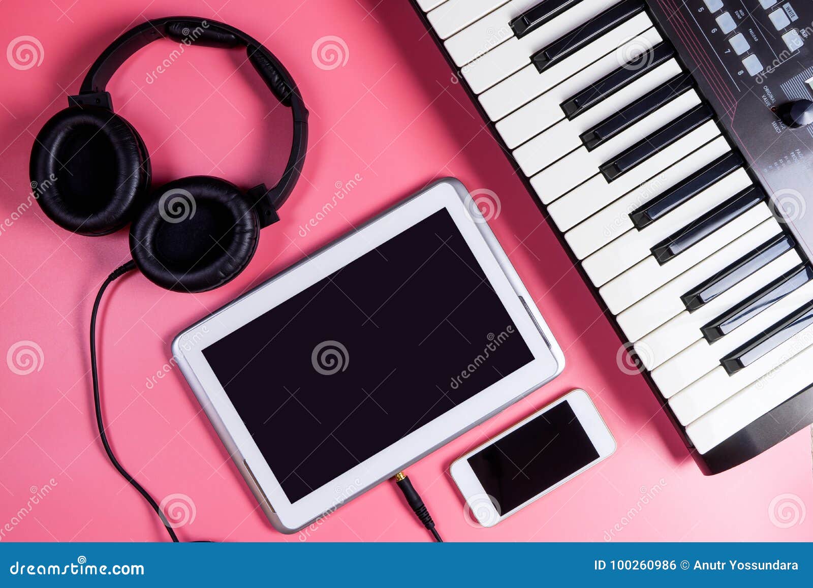Empty Tablet Screen with Music Objects and Music Instrument for ...