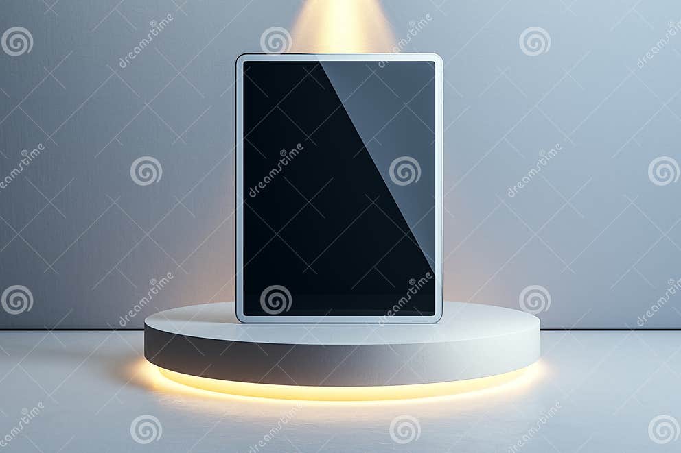 Empty Tablet Screen Placed on Illuminated Round Podium on Light ...