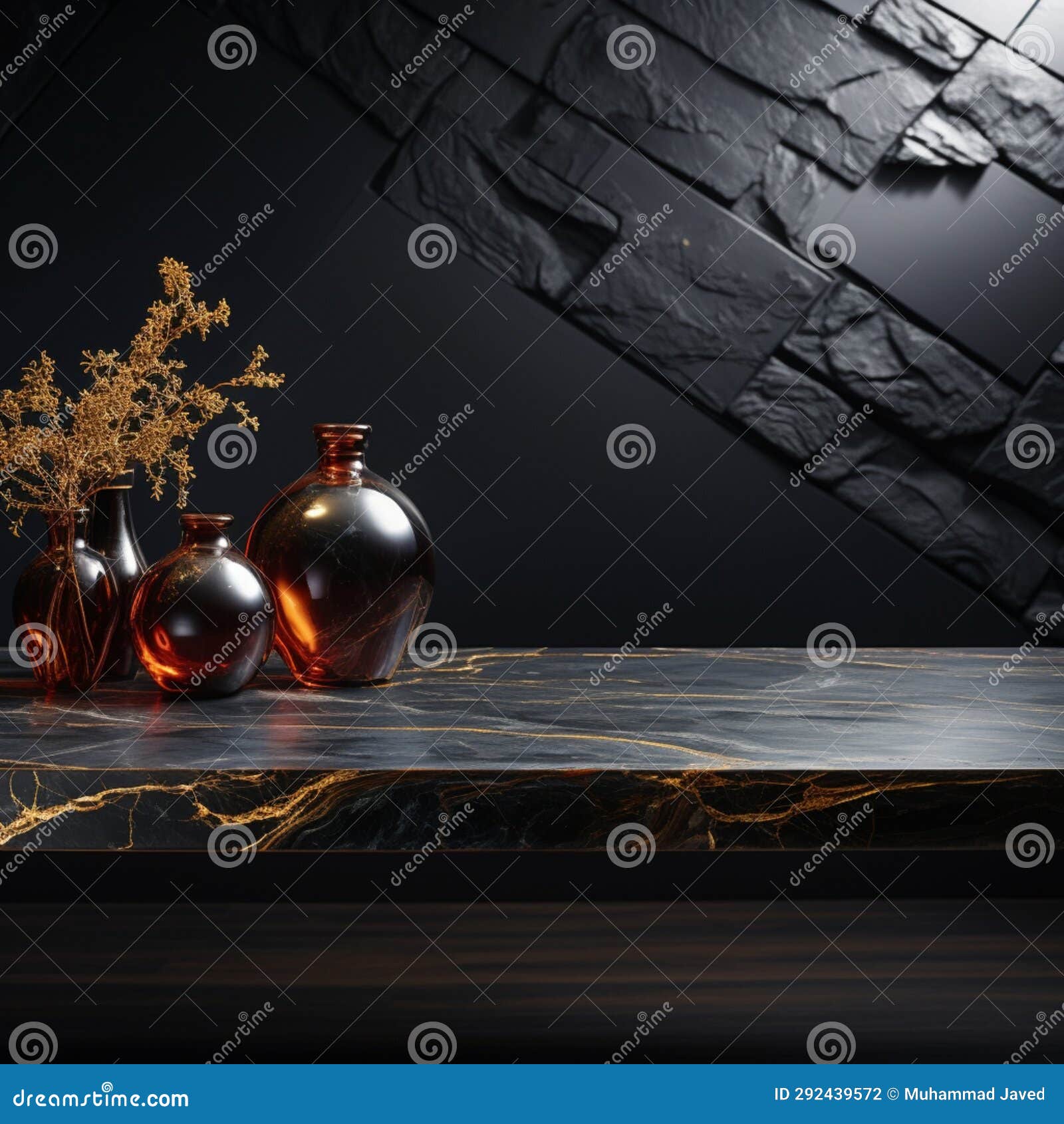 Empty Tabletop, Polished Obsidian, Against Black Wall, Desolate Scene ...