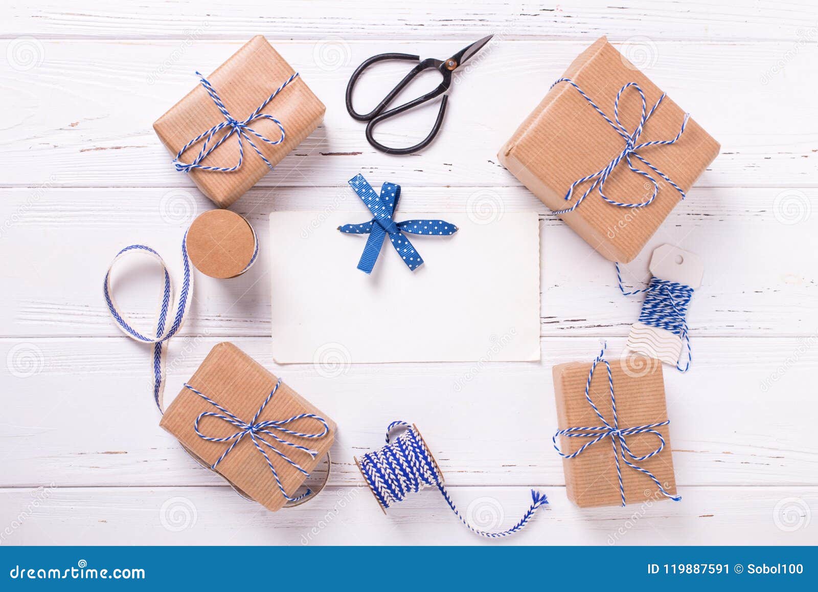 Empty Tag and Wrapped Gift Boxes with Presents, Scissors and B Stock ...