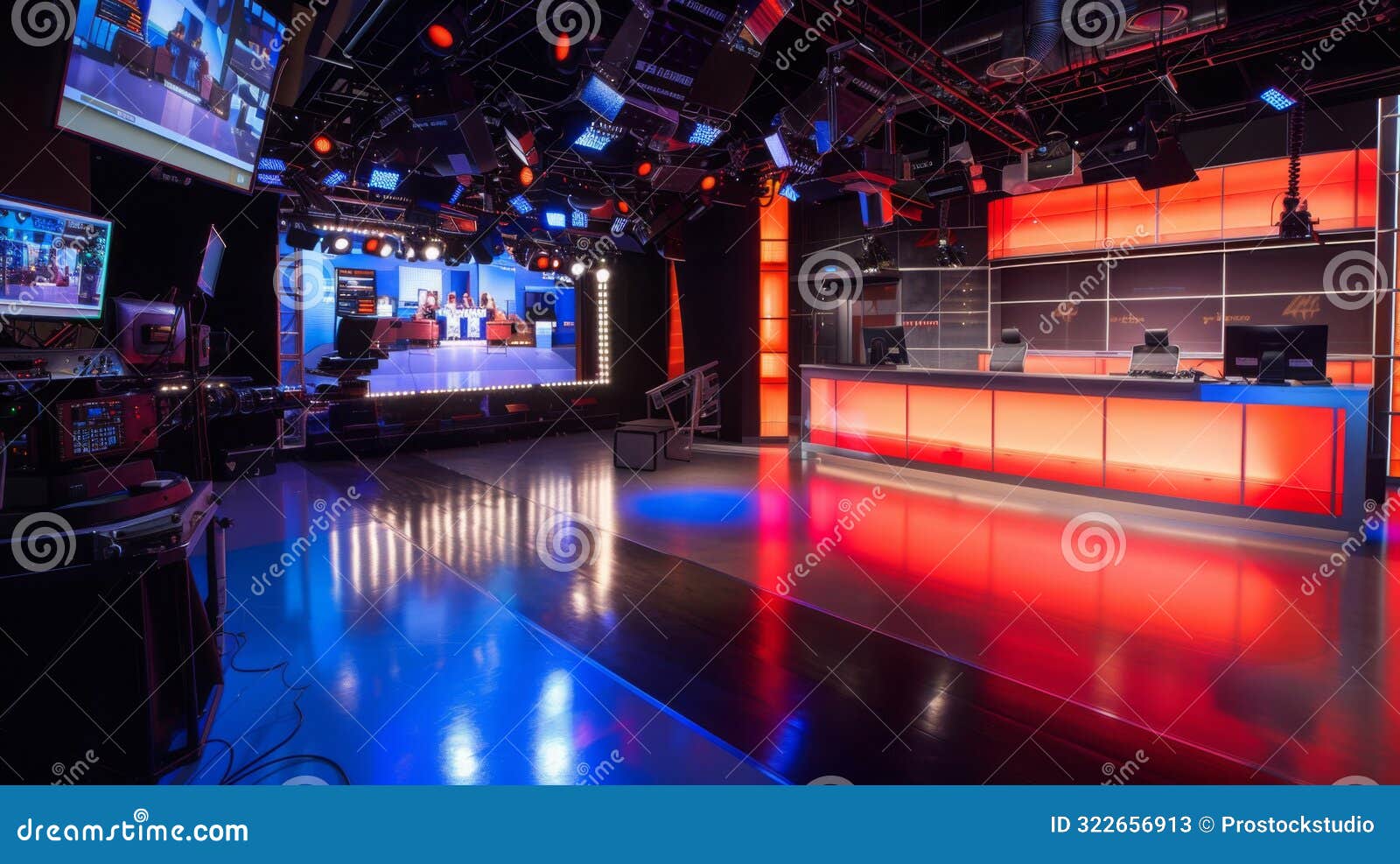Empty Television Studio with Red Lighting Stock Image - Image of wall ...