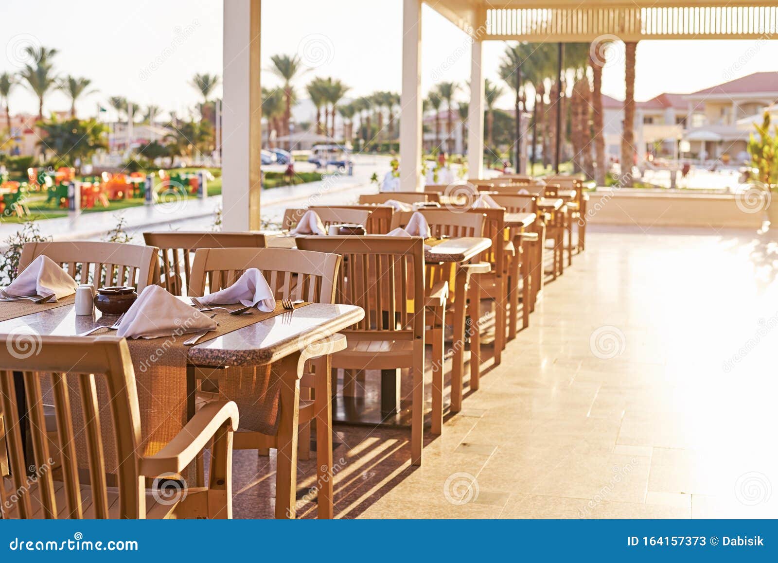 Empty Terrace with a Table and Chairs Outdoor in Sunset Stock Image ...