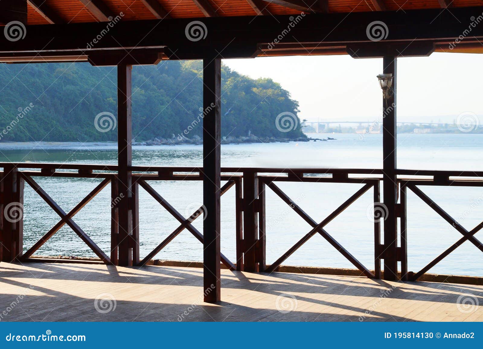 Empty Terrace with Wooden Railing on the Background of the Sea Stock ...