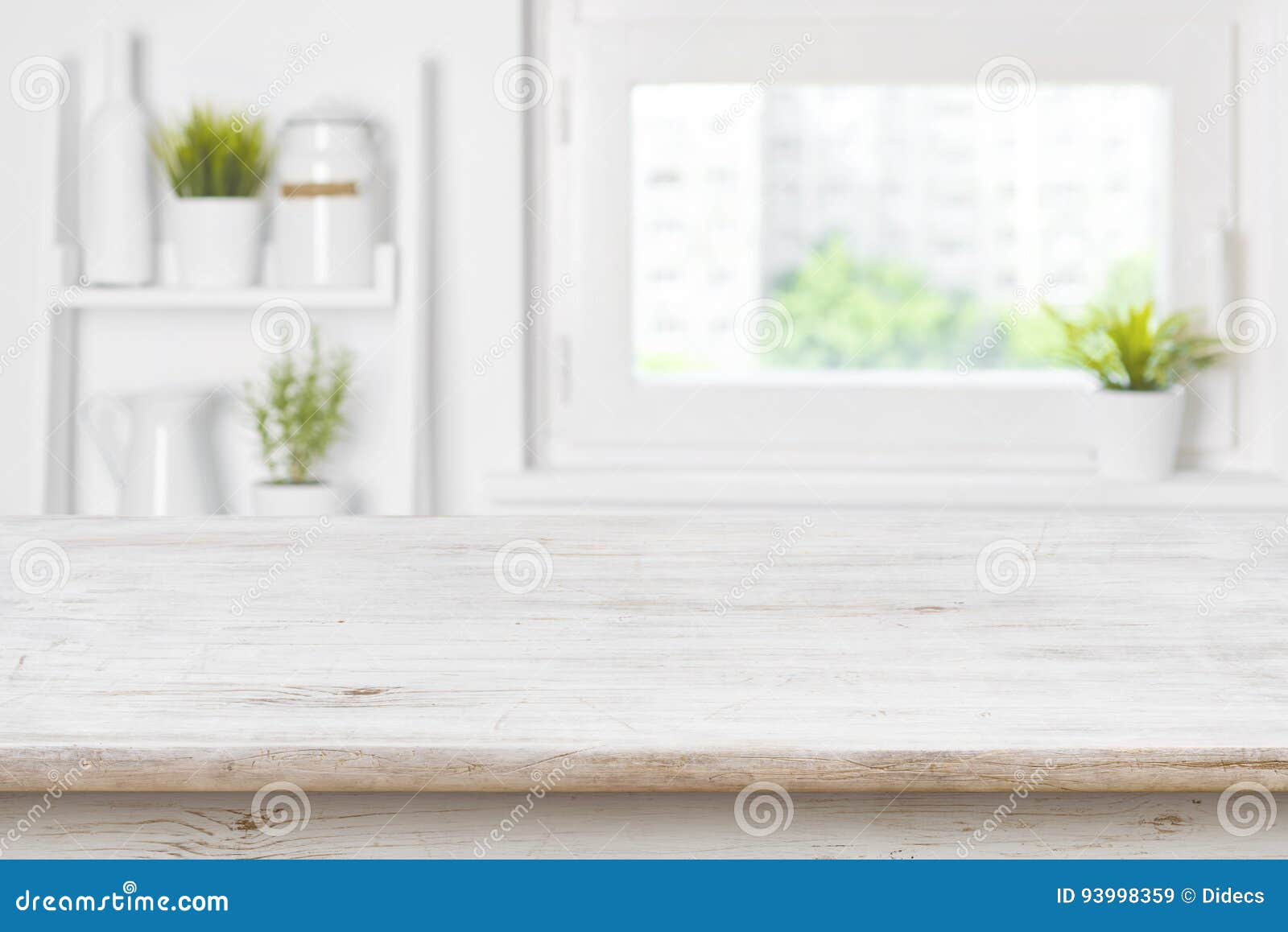 Empty Textured Wooden Table and Kitchen Window Shelves Blurred ...