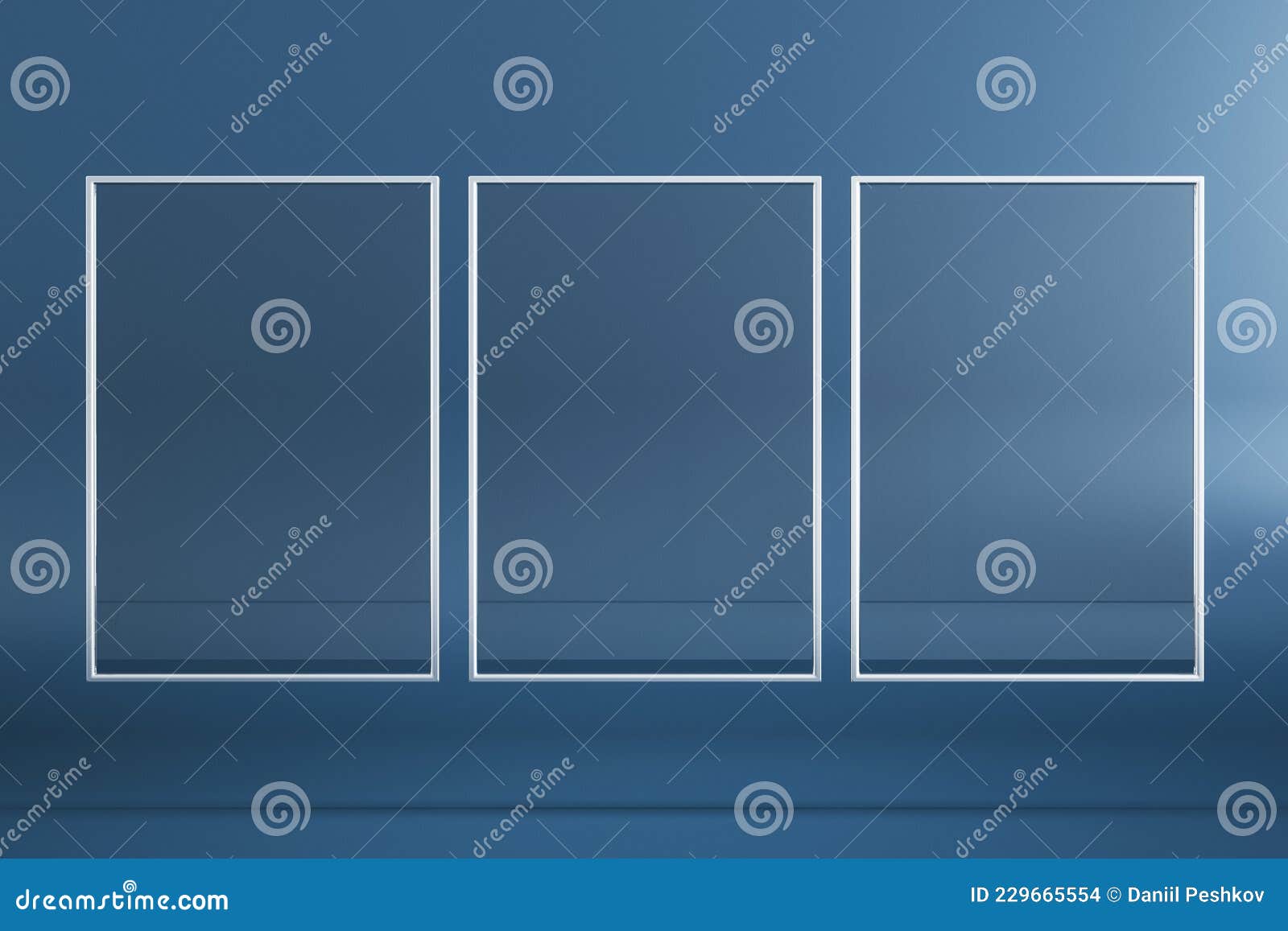 Empty Three Rectangular Glass Frame Posters on Blue Background. 3D ...