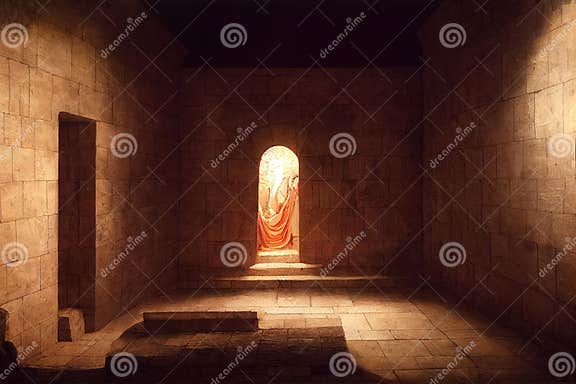 Empty Tomb in Abandoned Stone Crypt with Arched Doors. Stock ...