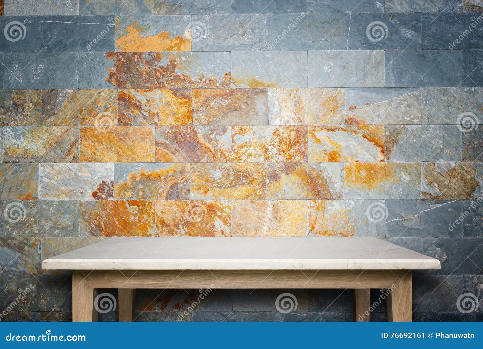 Empty Top of Natural Stone Table and Stone Wall Background Stock Image ...