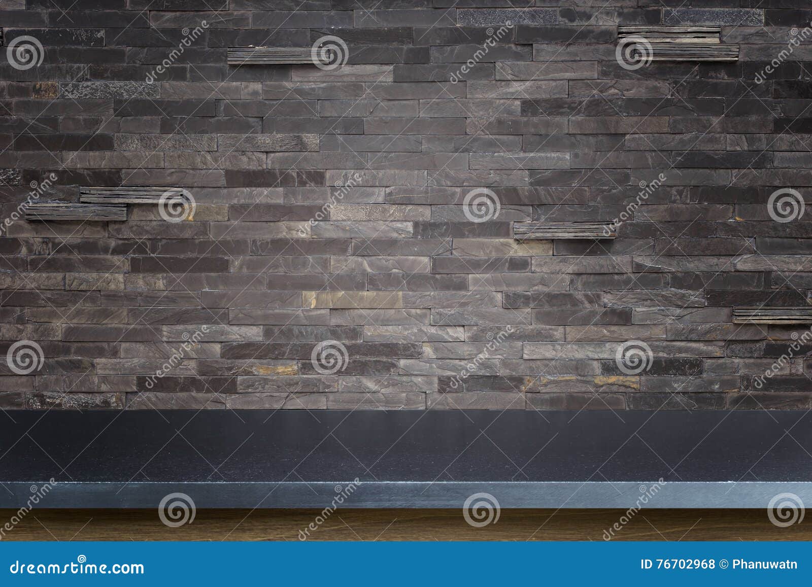 Empty Top of Natural Stone Table and Stone Wall Background Stock Photo ...
