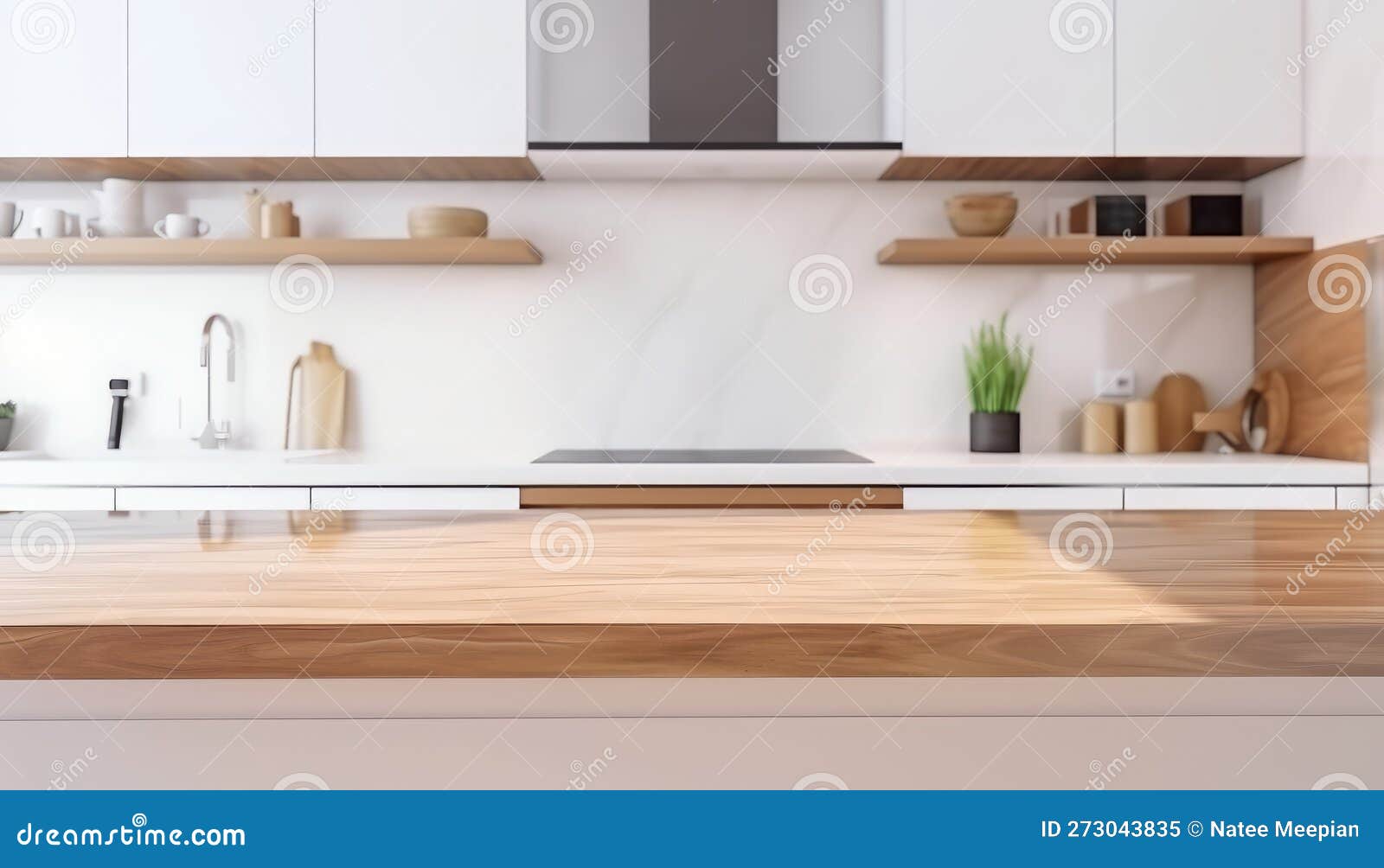 Empty Top Wooden Kitchen Counter with White Kitchen in the Background ...