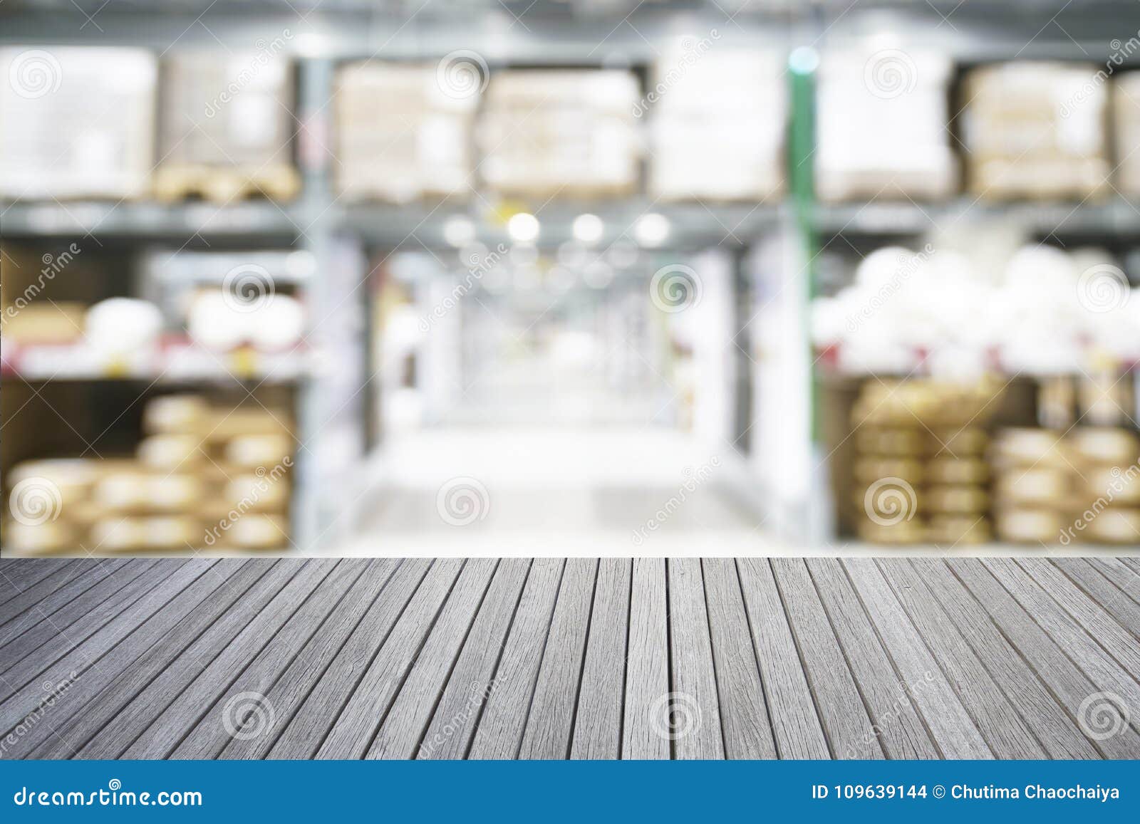 Empty Top of Wooden Table and Blurred Warehouse Background Stock Photo ...