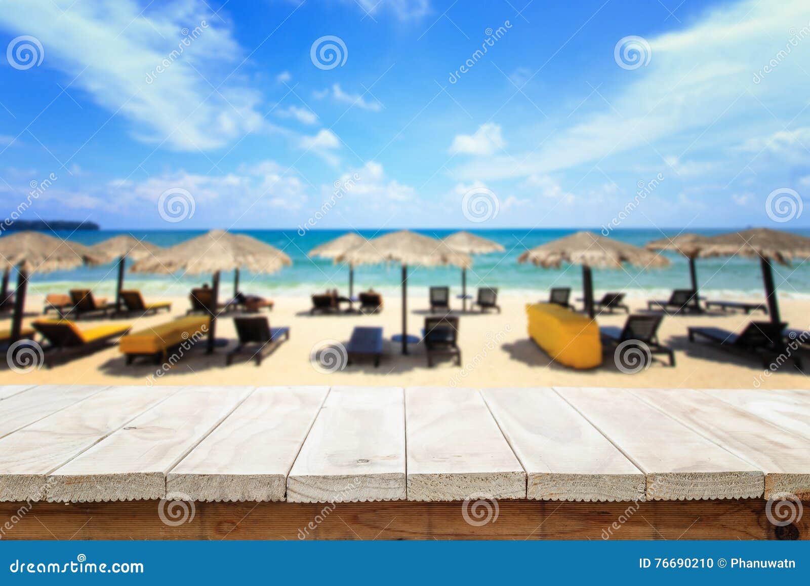 Empty Top of Wooden Table or Counter and View of Tropical Beach Stock ...