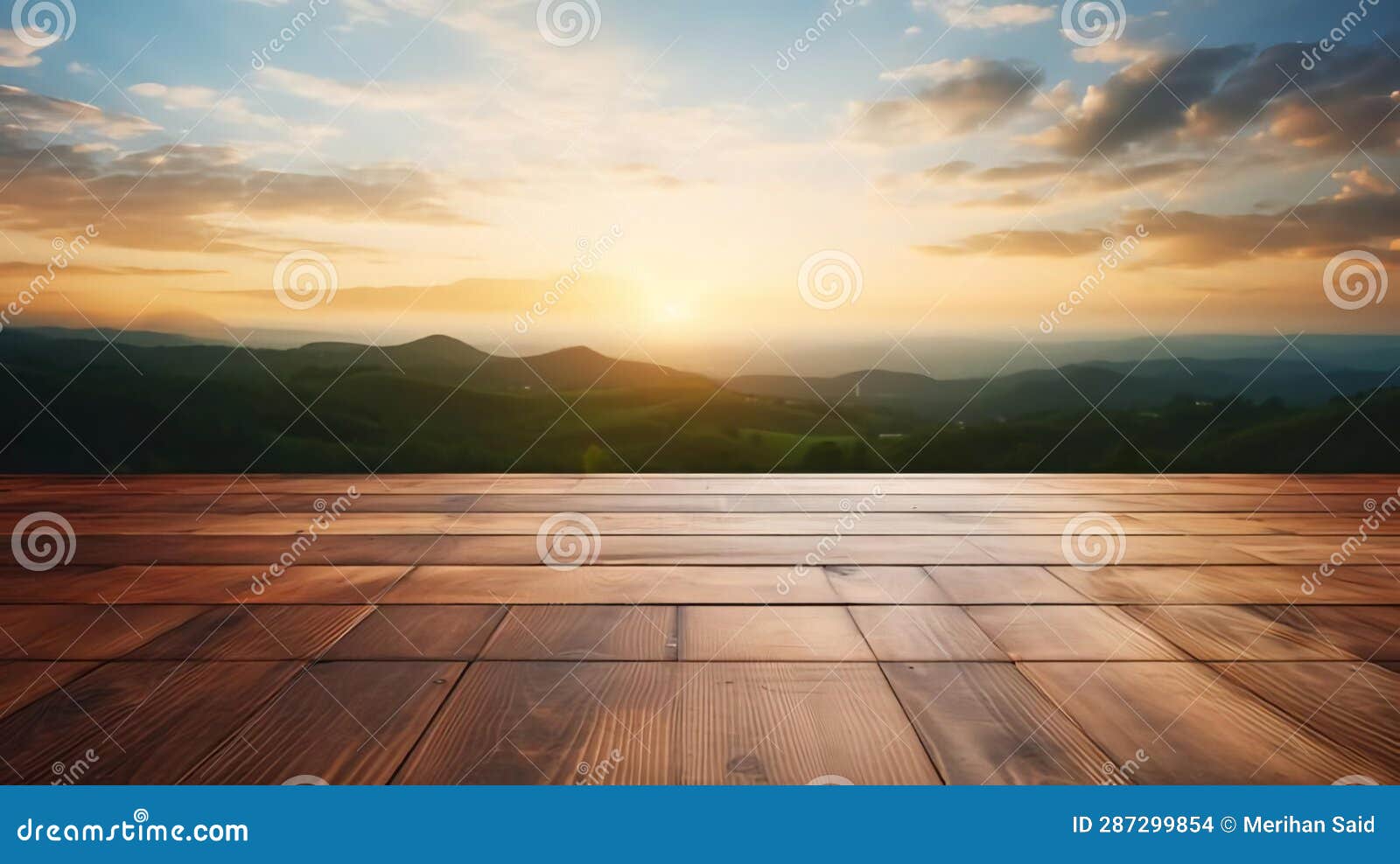 Empty Top of Wooden Table and View of Sunset or Sunrise Background. AI ...