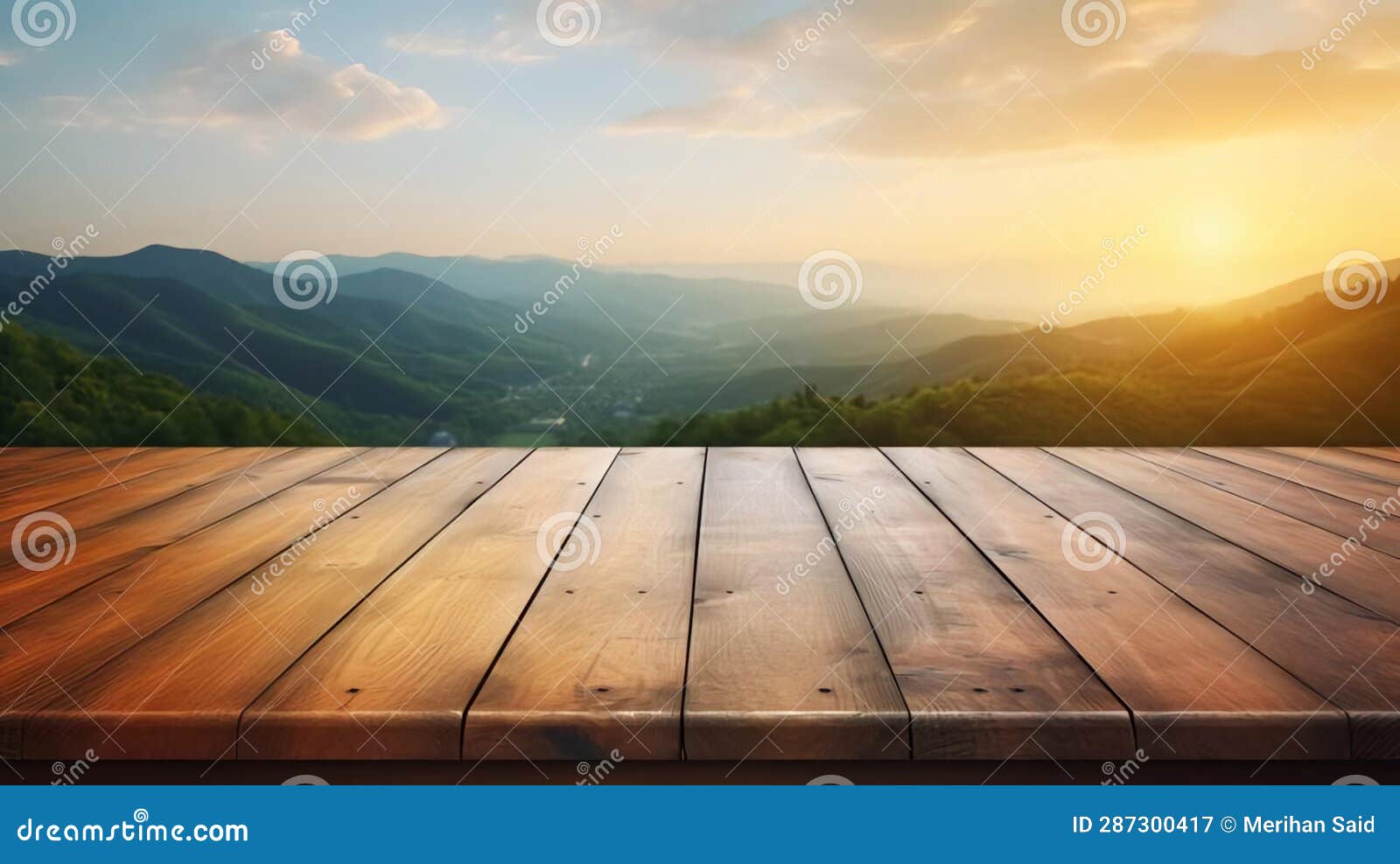 Empty Top of Wooden Table and View of Sunset or Sunrise Background. AI ...