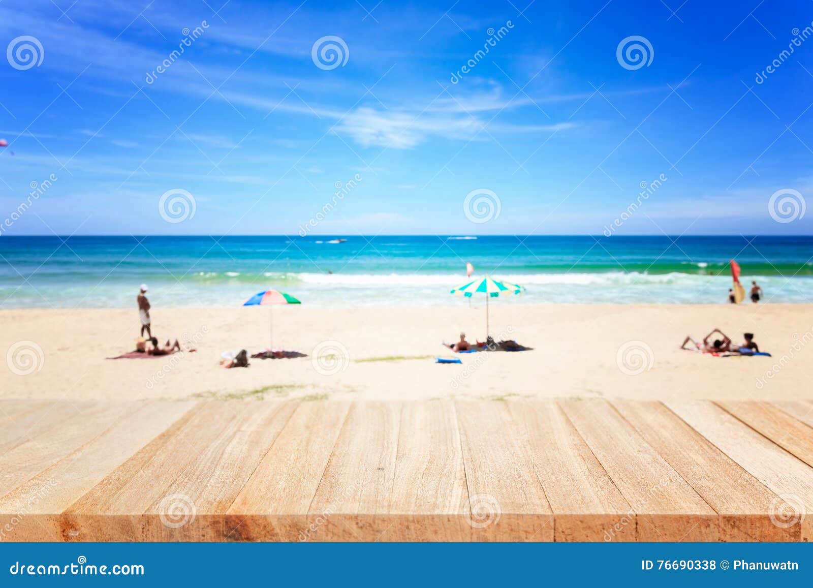 Empty Top of Wooden Table and View of Tropical Beach Stock Photo ...