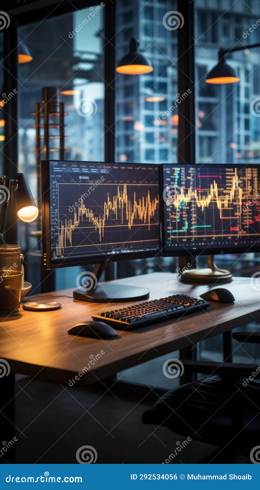 Empty Traders Workplace with a Glass Walled Office, Computer, and ...